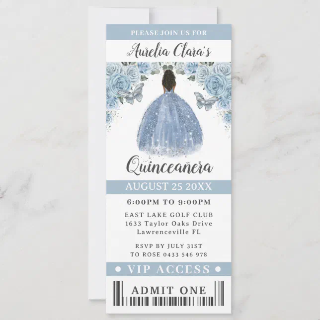 Baby Blue Floral Quinceanera Sweet 16 VIP Ticket Invitation | Zazzle