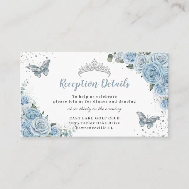 Baby Blue Floral Rose Silver Quinceañera Reception Enclosure Card | Zazzle