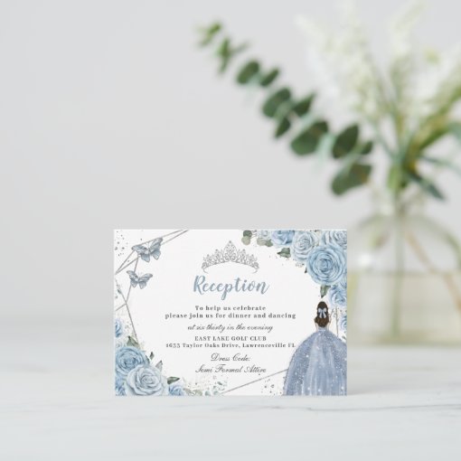 Baby Blue Floral Silver Quinceañera Reception Enclosure Card | Zazzle