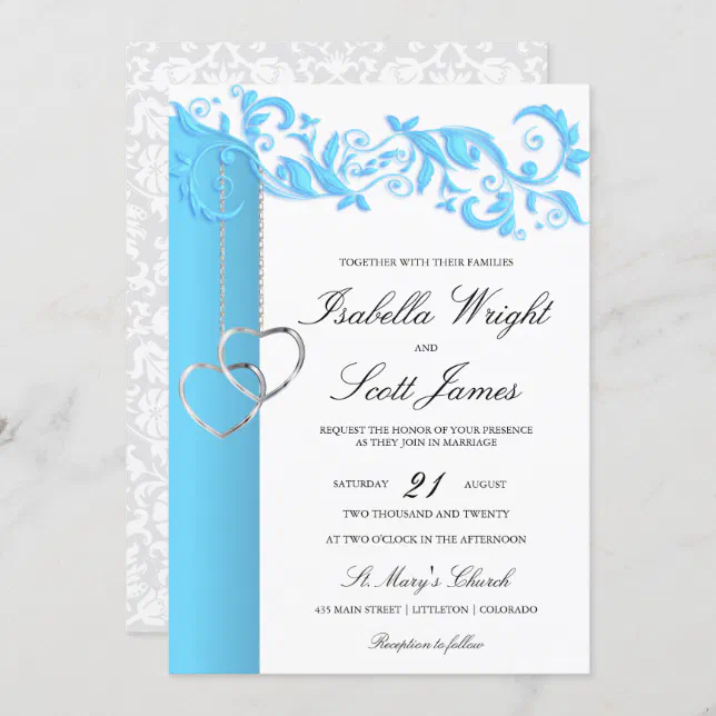 Baby Blue Floral Swirl and White Wedding Invitation | Zazzle