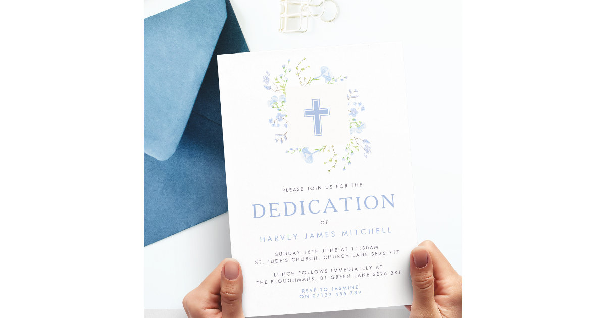 Baby Blue Floral Wreath & Cross Baby Dedication Invitation | Zazzle