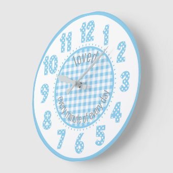 Baby Blue Gingham Polka Dot Numbers Nursery Clock | Zazzle