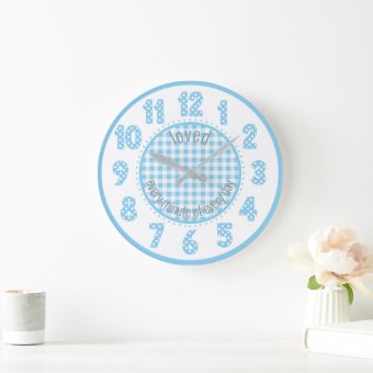 Baby Blue Gingham Polka Dot Numbers Nursery Clock | Zazzle
