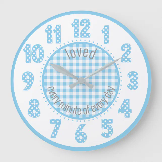 Baby Blue Gingham Polka Dot Numbers Nursery Clock | Zazzle