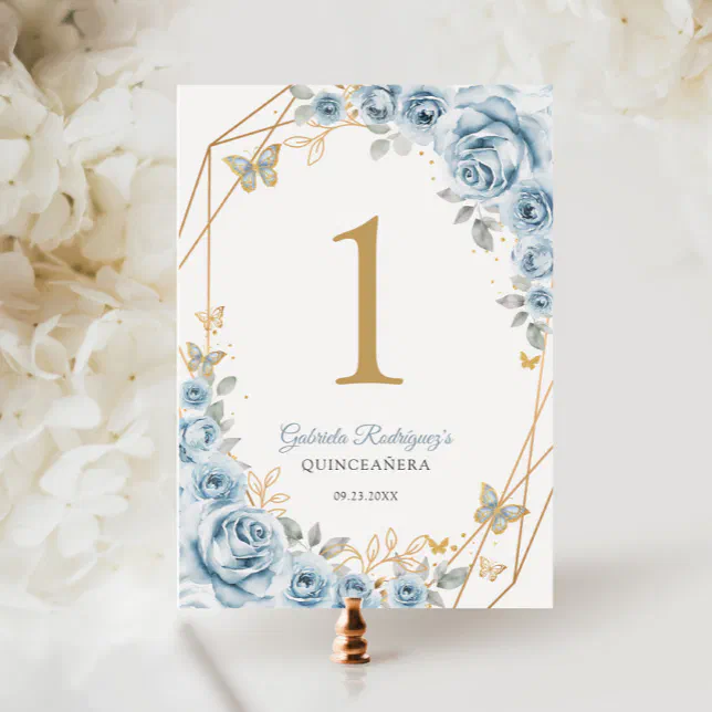 Baby Blue Gold Floral Quinceanera Table Number | Zazzle