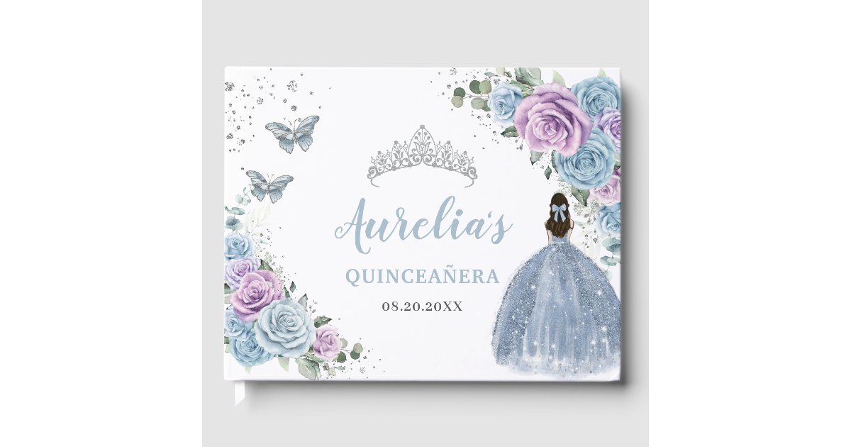 Baby Blue Lilac Floral Princess Silver Quinceañera Guest Book | Zazzle