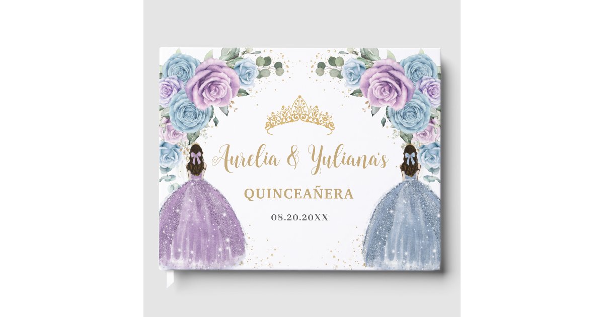 Baby Blue Lilac Floral Princesses Twin Quinceañera Guest Book | Zazzle