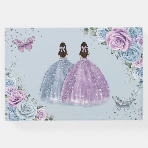 Baby Blue Lilac Floral Princesses Twin Quinceañera Guest Book | Zazzle
