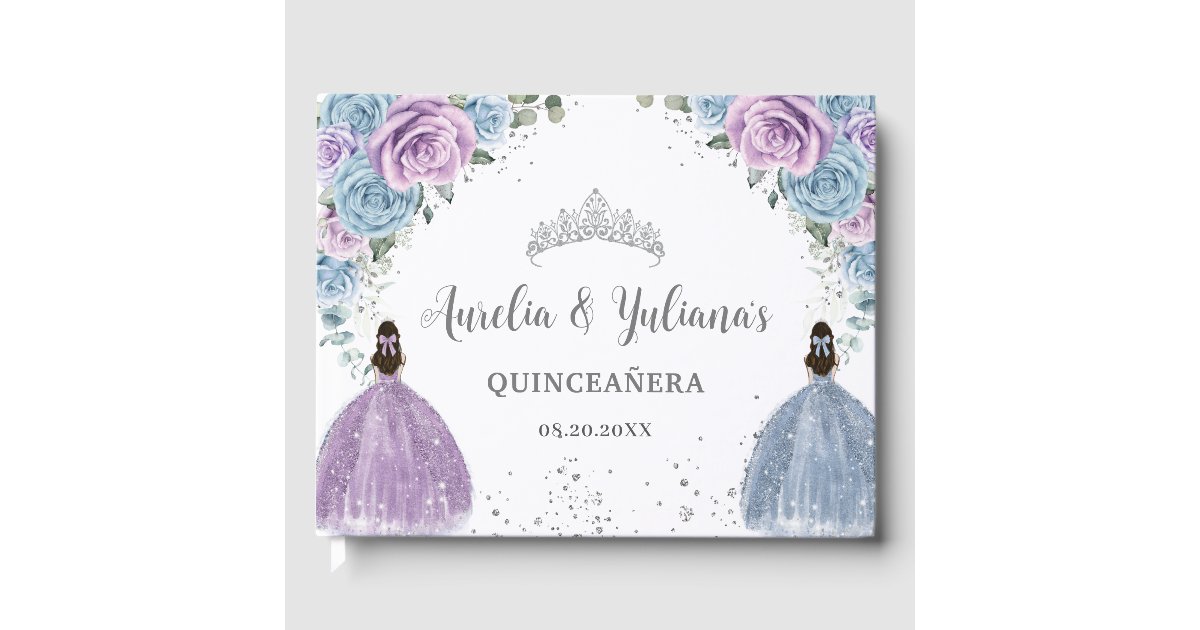 Baby Blue Lilac Floral Princesses Twin Quinceañera Guest Book | Zazzle