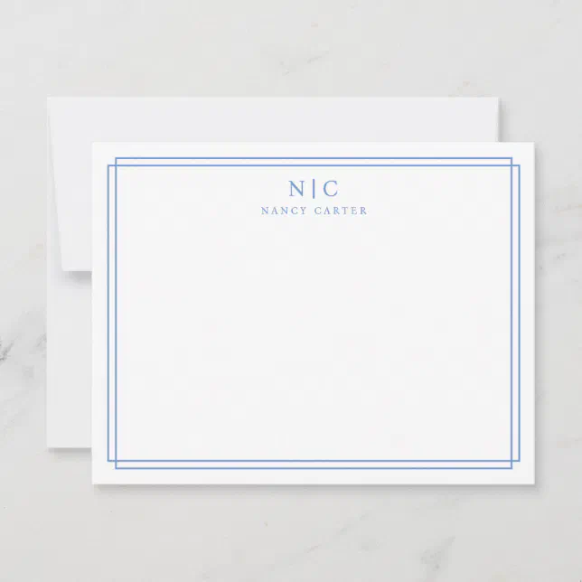 Baby Blue Monogram Geometric Border Note Card | Zazzle