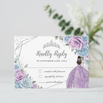 Baby Blue Purple Lilac Floral Silver Quinceañera RSVP Card | Zazzle