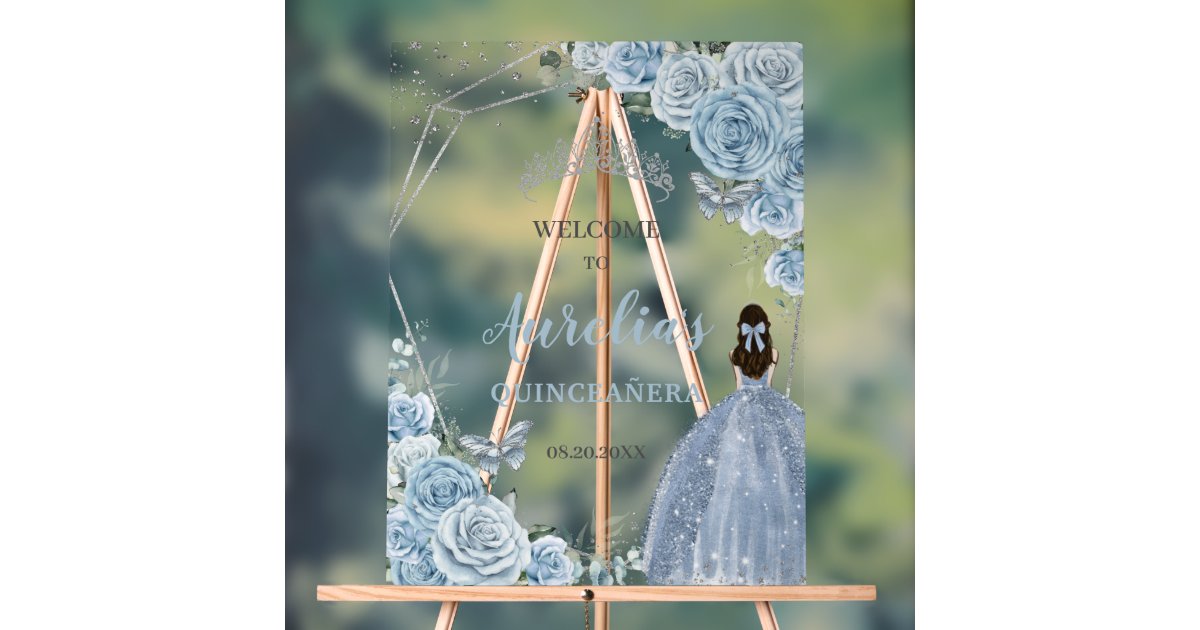 Baby Blue Roses Floral Quinceañera Crown Welcome Acrylic Sign | Zazzle