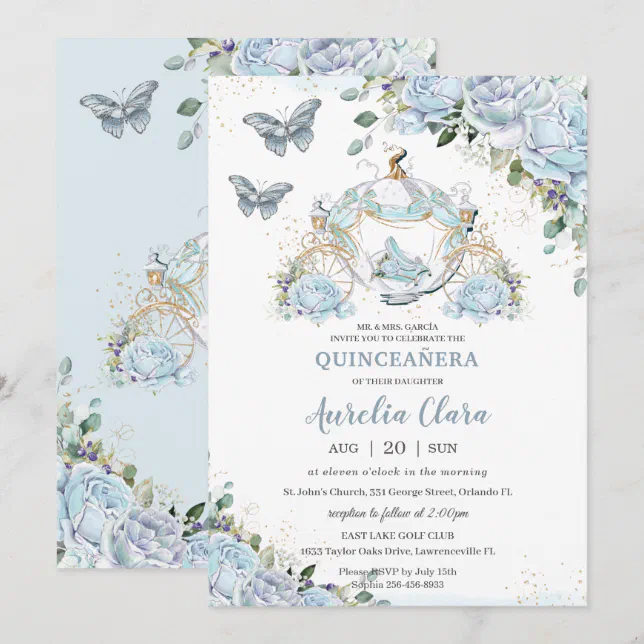 Baby Blue Roses Princess Cinderella Quinceañera Invitation | Zazzle