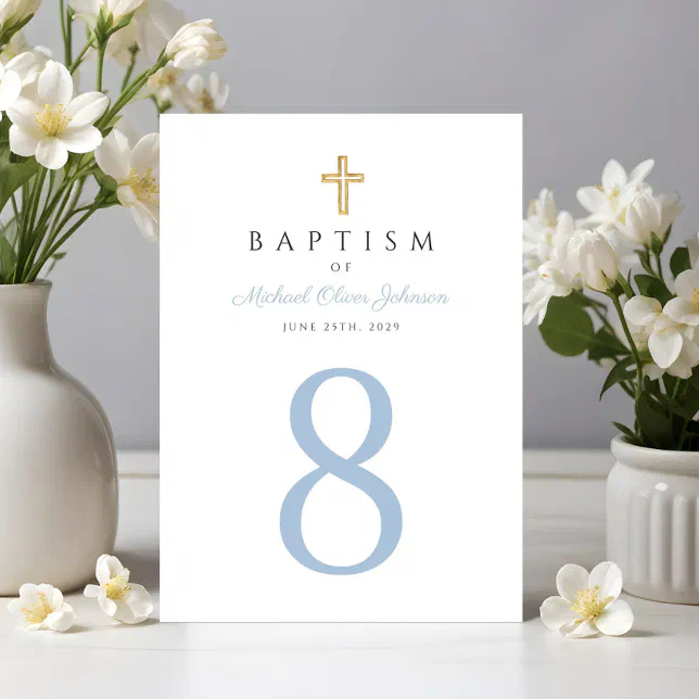 Baby Blue Script Religious Cross Boy Baptism Table Number | Zazzle