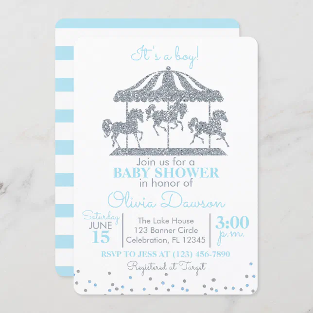 Baby Blue & Silver Carousel Boy Baby Shower Invitation | Zazzle