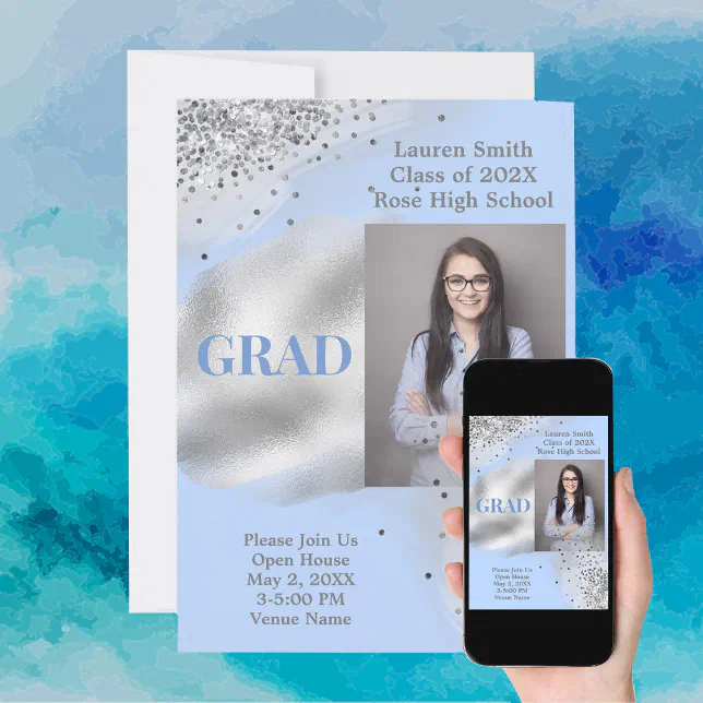 Baby Blue Silver Glitter Photo Graduation Invitation | Zazzle
