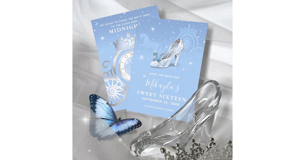 Baby Blue Silver Shoe Cinderella Sweet 16 Birthday Save The Date | Zazzle
