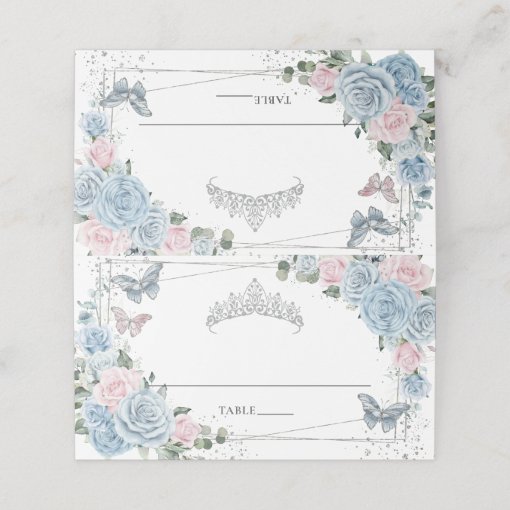 Baby Blue Soft Pink Floral Butterflies Quinceañera Place Card | Zazzle
