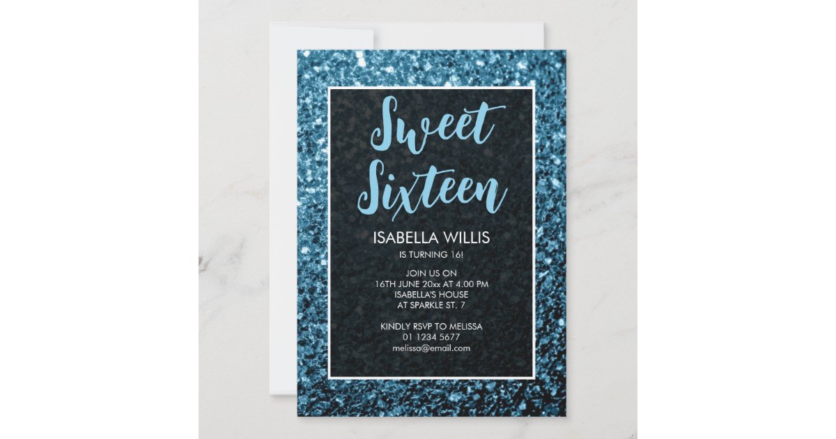 Baby blue sparkles Sweet 16 elegant script Invitation | Zazzle