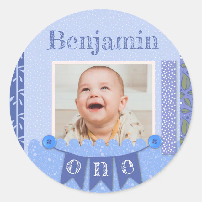 Baby Boy 1st Birthday Blue Scrapbook Classic Round Sticker | Zazzle