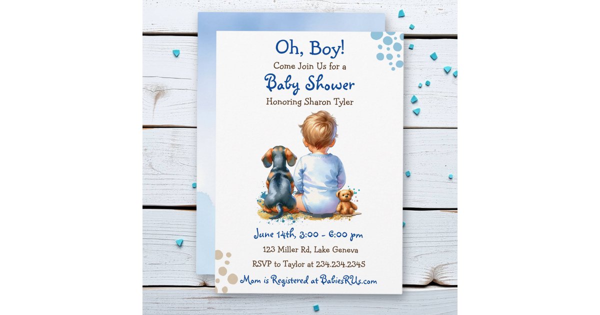 Baby Boy and his Dachshund Puppy Baby Shower Invitation | Zazzle
