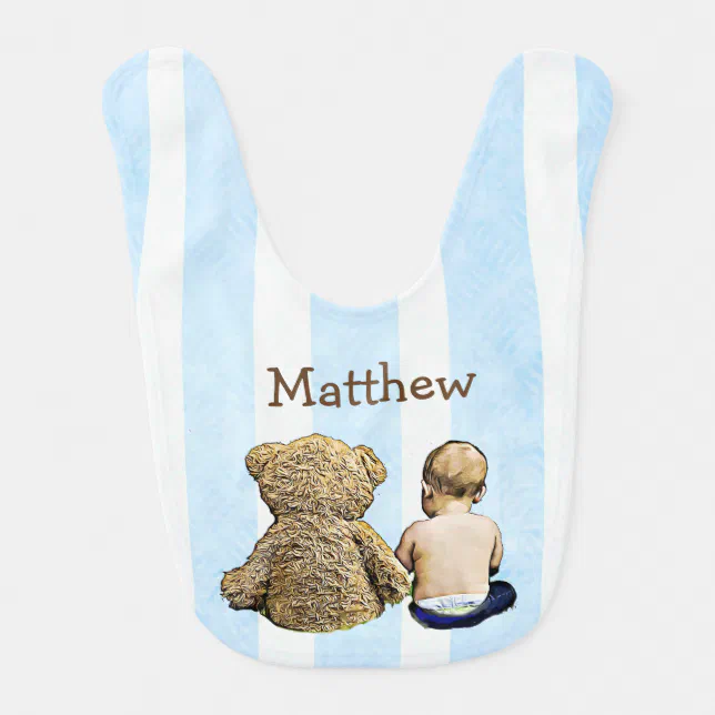 Baby Boy and Teddy Bear Blue Bib | Zazzle