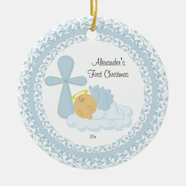 Baby Boy Angel Baby's First Christmas Ornament | Zazzle