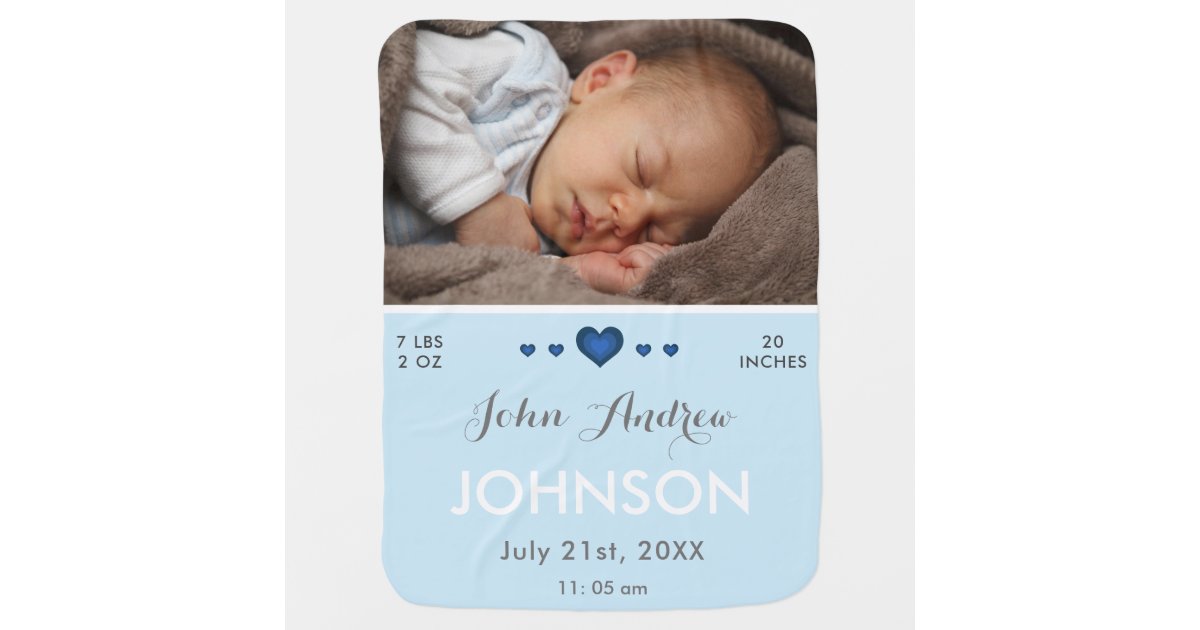 Baby Boy Birth Stats Information Photo Blue Heart Baby Blanket | Zazzle