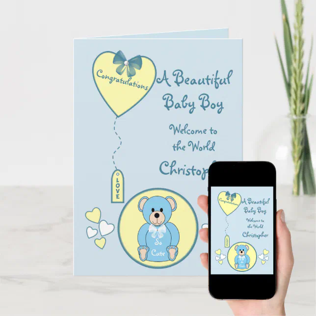 Baby Boy Card teddy bear blue and yellow | Zazzle