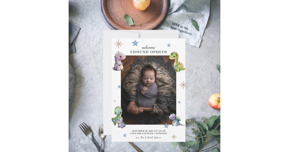 Baby Boy Dinosaur Birth Photo Announcement | Zazzle