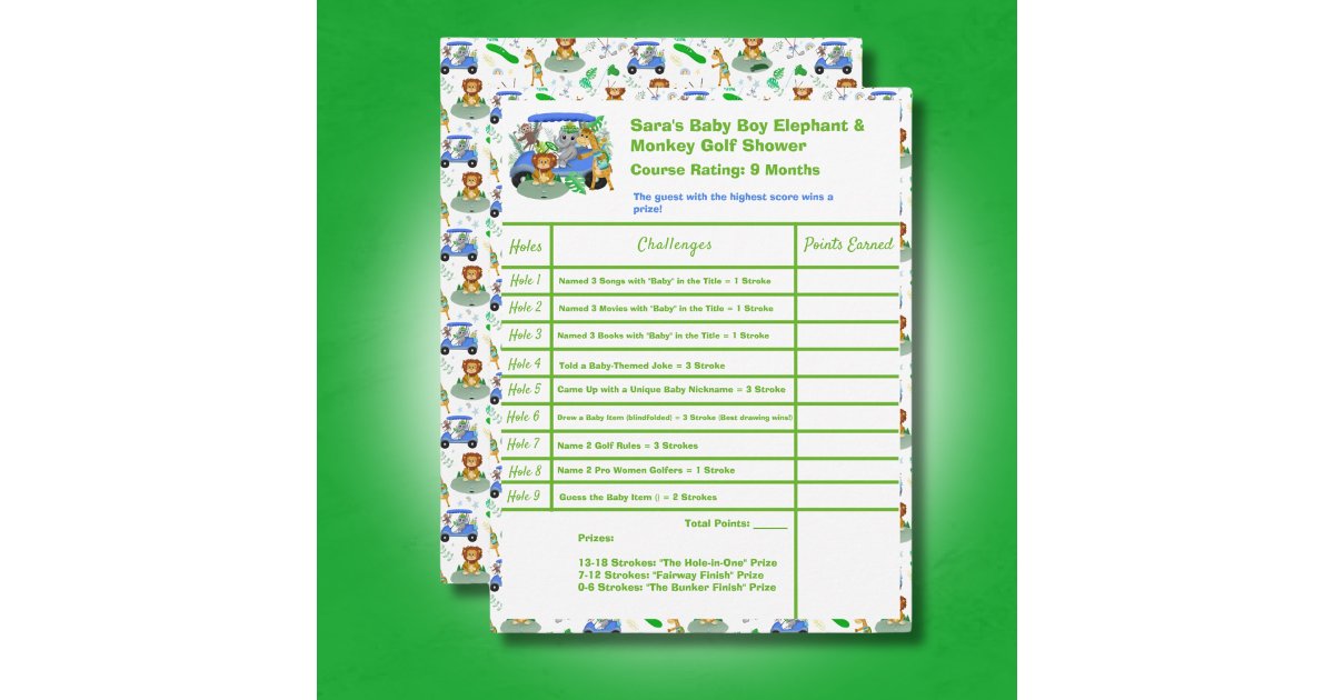 Baby Boy Elephant & Monkey Golf Shower Score Card | Zazzle
