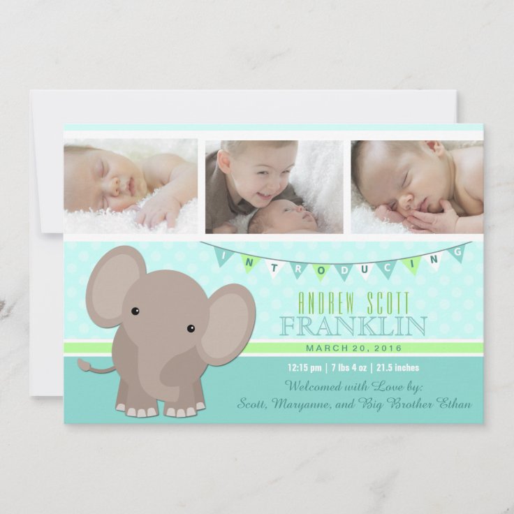 Baby Boy Elephant Photo Birth Announcement | Zazzle