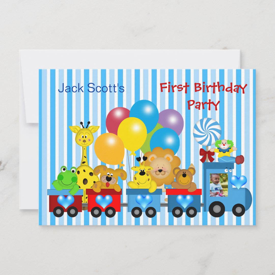 Baby Boy First Birthday 1st Train Photo Animals Invitation | Zazzle