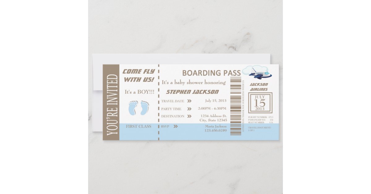 Baby Boy Flight Ticket Invitation Customizable | Zazzle