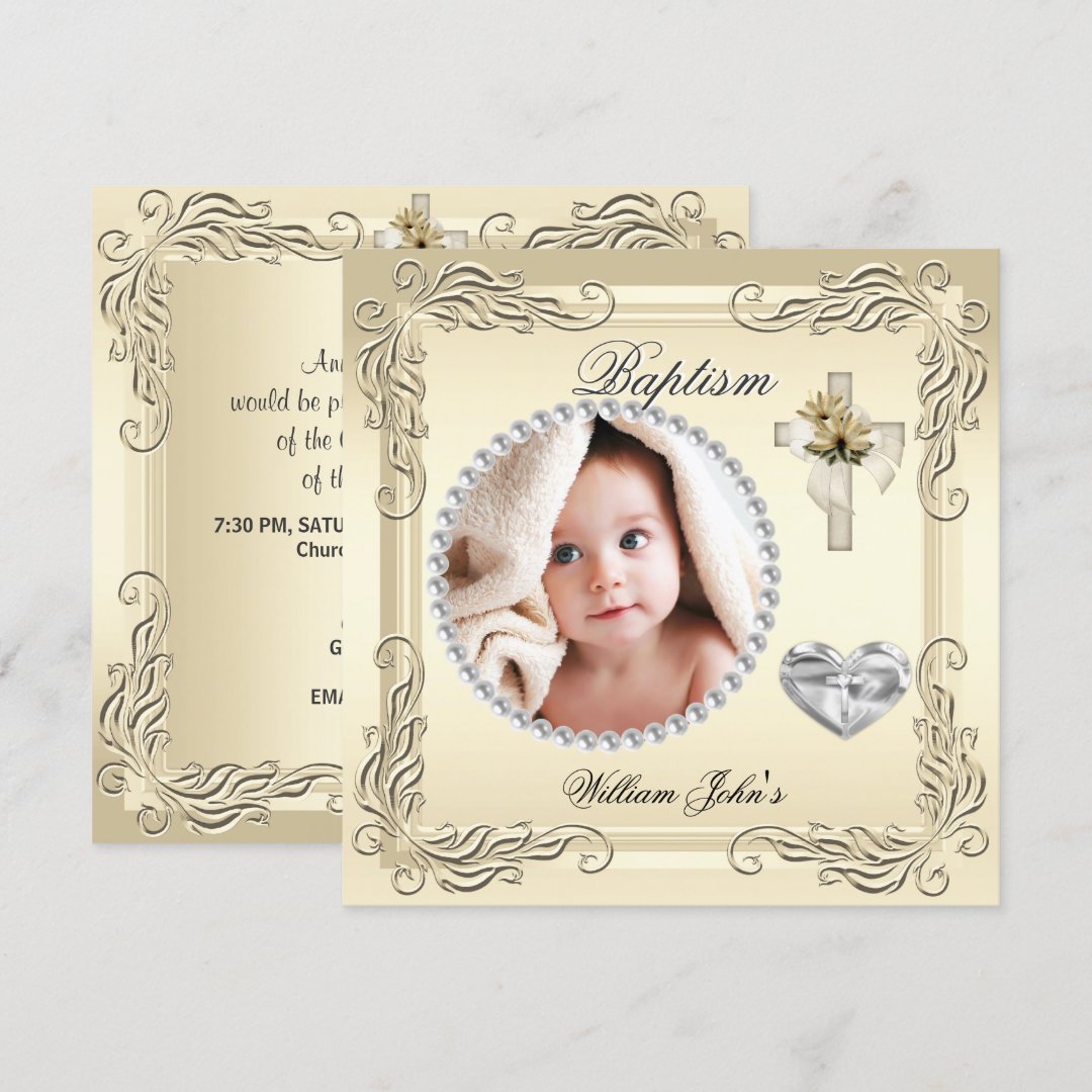 Baby Boy Girl Gold Cream Christening Baptism Cross Invitation | Zazzle