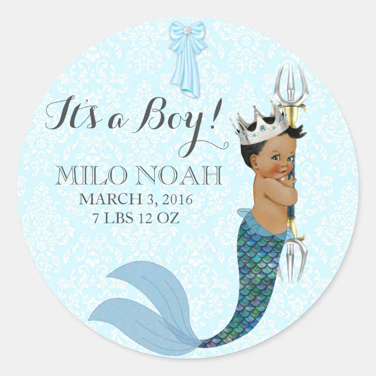 Baby Boy Merman Prince Crown African American Classic Round Sticker ...