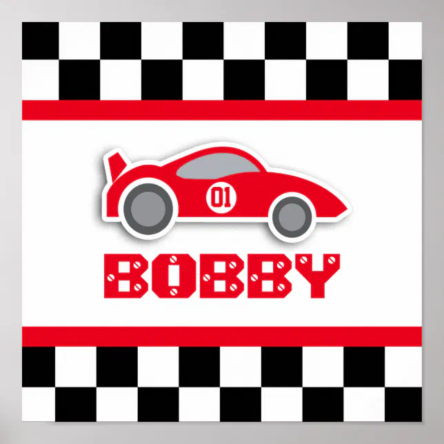 Baby boy nursery red racing car poster | Zazzle