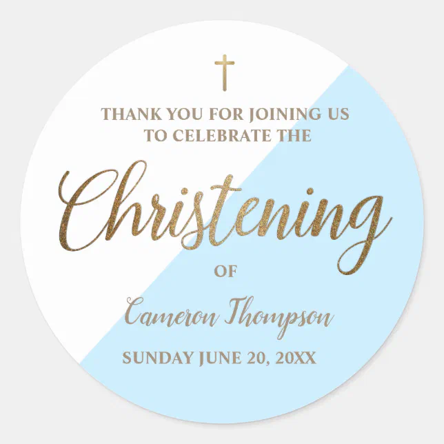 Baby Boy Personalized blue Christening thank you Classic Round Sticker ...