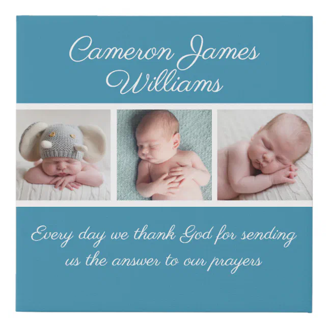 Baby Boy Photo Blue Collage Religious Quote Faux Canvas Print | Zazzle