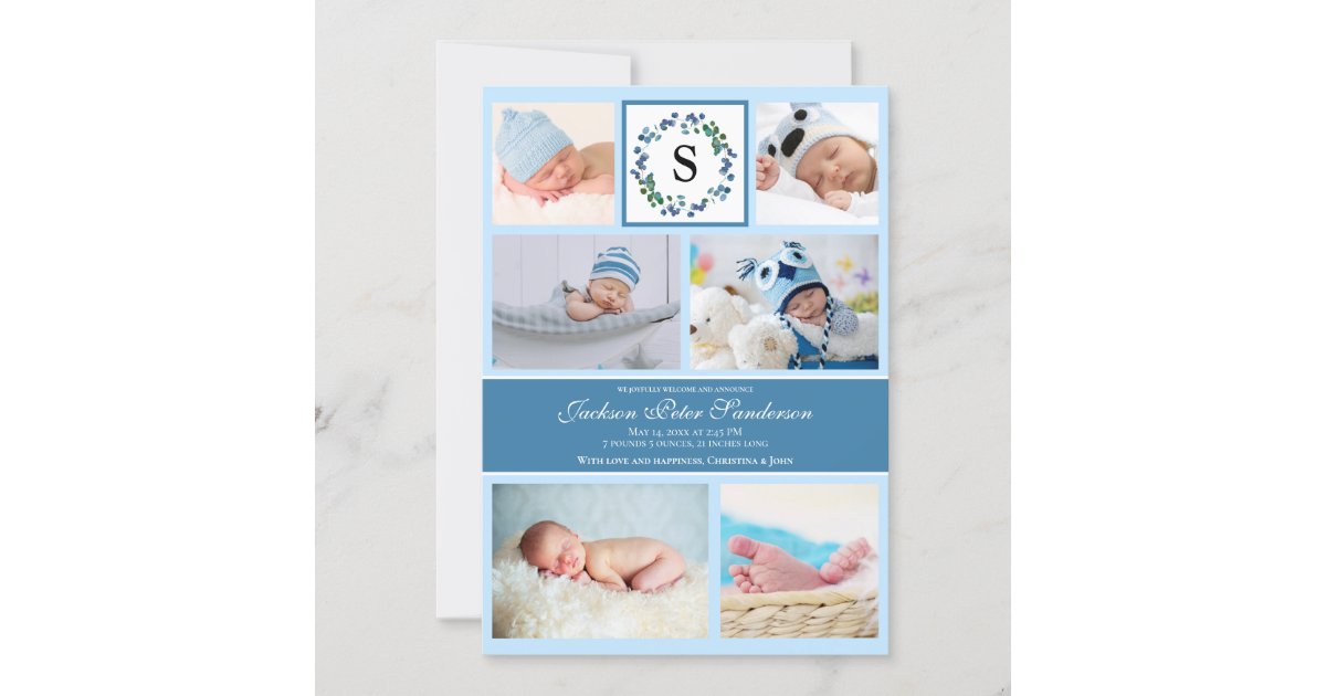 Baby Boy Photo Collage Birth Announcement Monogram | Zazzle