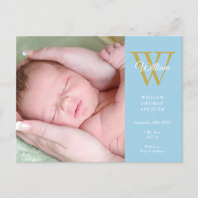 Baby Boy Photo Collage Script Monogram Blue Birth Announcement Postcard ...