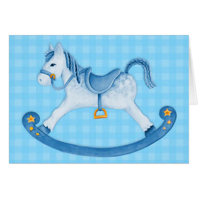 Baby boy Rocking horse art card blue | Zazzle