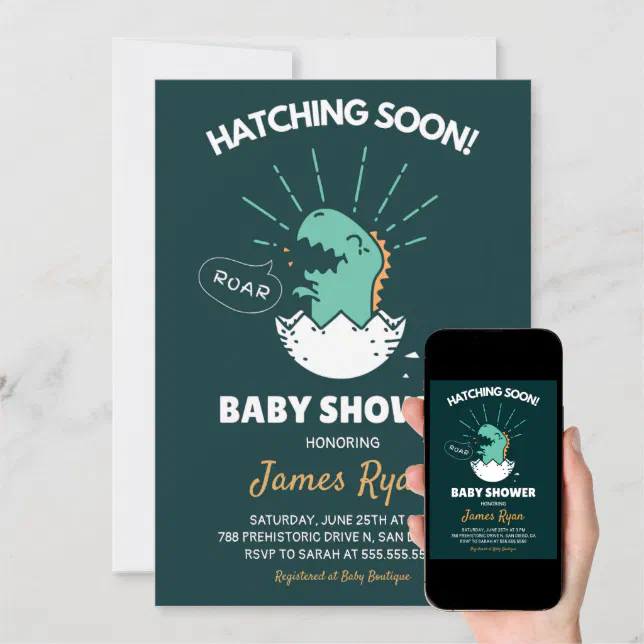Baby Boy Shower: Dinosaur Hatching Soon Invitation | Zazzle