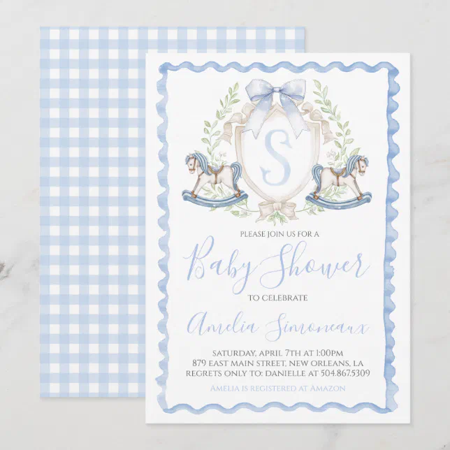 Baby Boy Shower Rocking Horse Preppy Gingham Blue Invitation | Zazzle