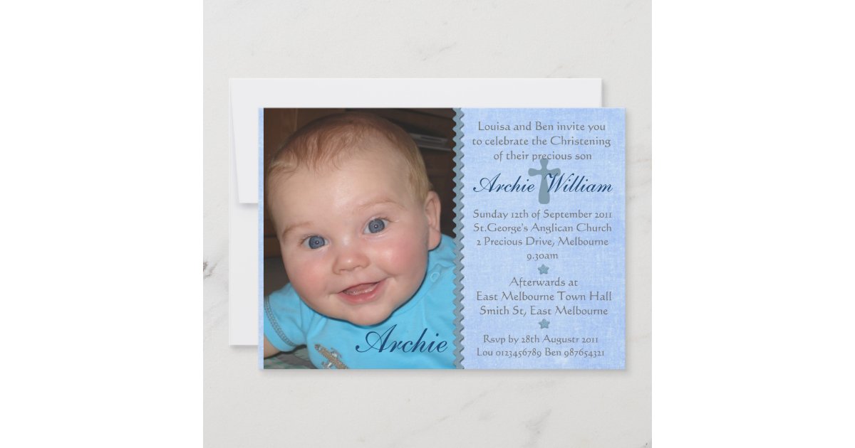 Baby Boys photo Christening invitation - Archie | Zazzle
