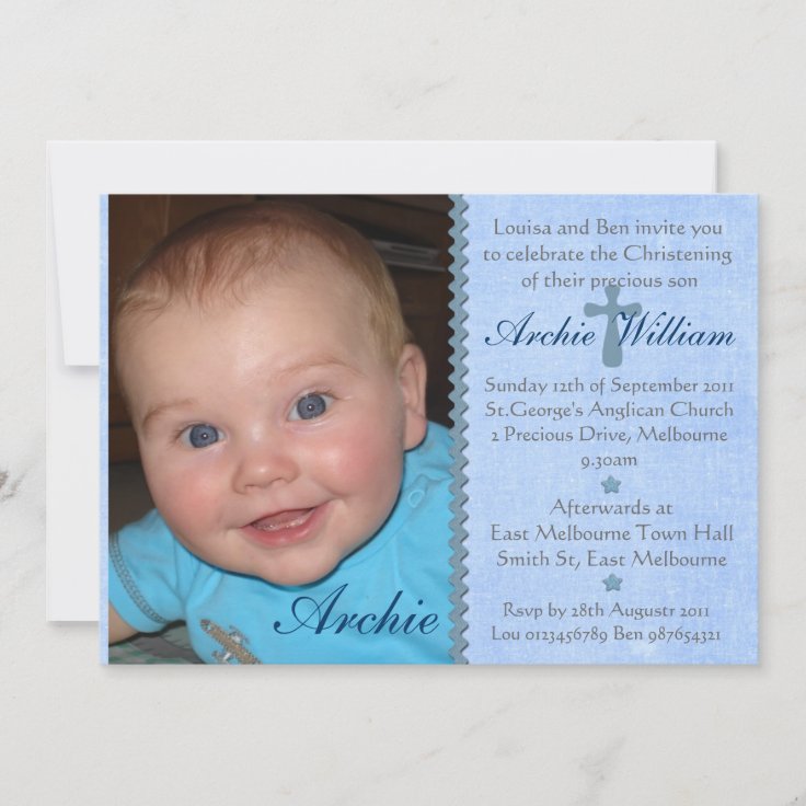 Baby Boys photo Christening invitation - Archie | Zazzle