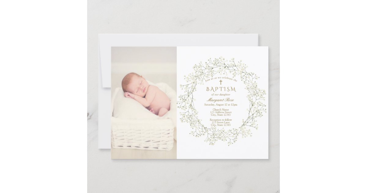 Baby Breath Flowers Baptism Photo Invitation | Zazzle