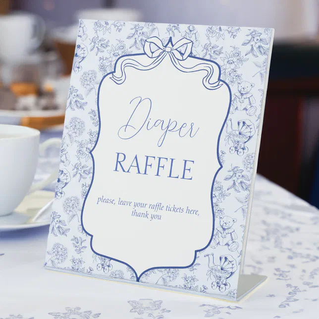 Baby brunch blue toile ribbon diaper raffle sign | Zazzle