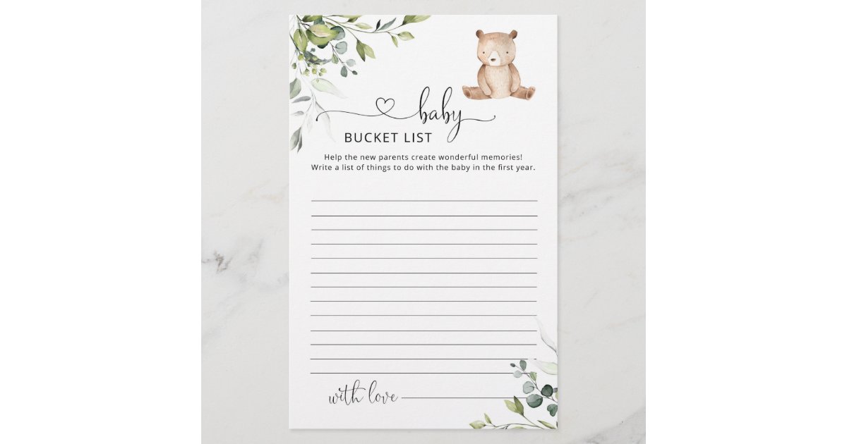 Baby bucket list eucalyptus bear baby shower | Zazzle