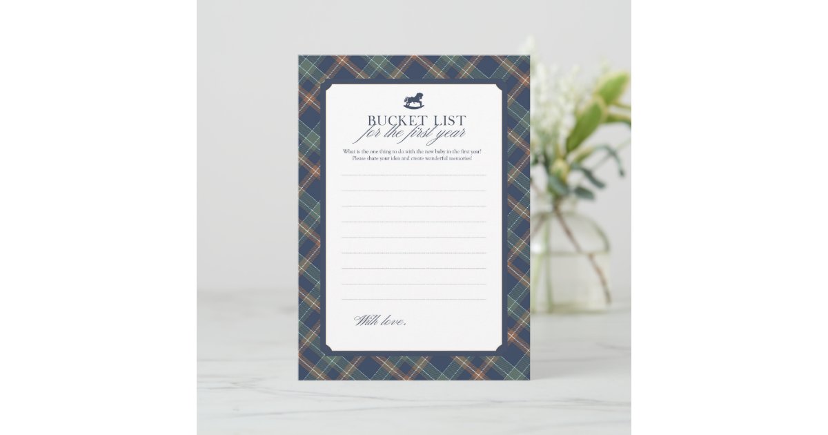 Baby Bucket List First Year Navy Plaid Baby Shower Advice Card | Zazzle